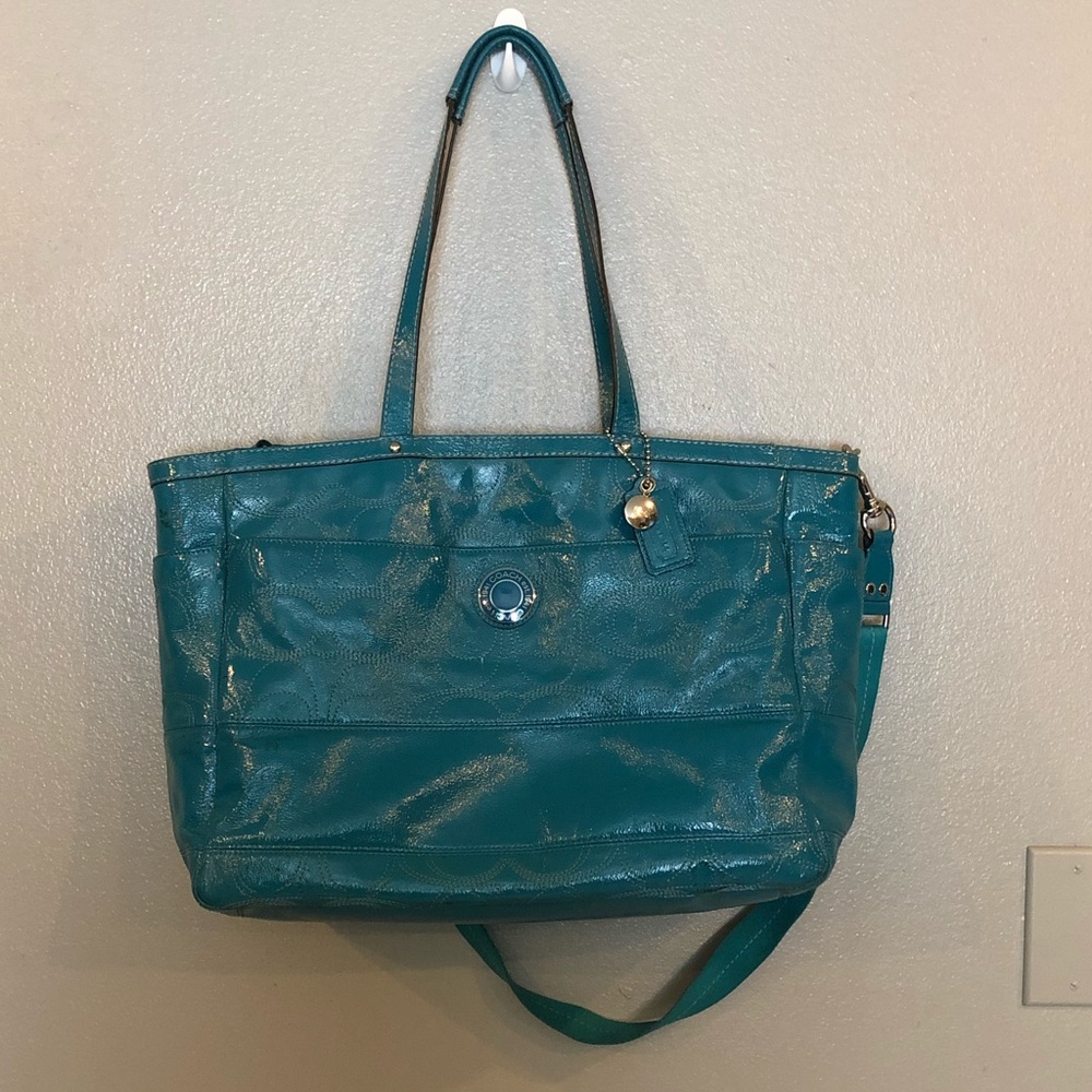 Coach Blue Turquoise Patent Leather Logo Shoulder Bag… - Gem